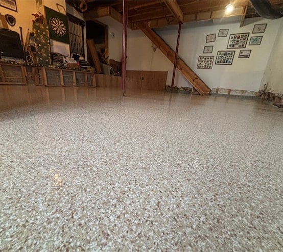 Medium Tan Epoxy Flake Flooring for Homeowner Basement in Dover | MACH ONE®